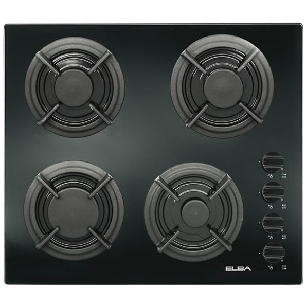 ELBA GLASS GAS HOB 4 BURNERS CAST IRON 60 CM E41-455BK - 4umart